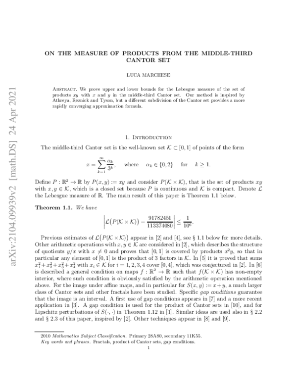 Pdf On The Measure Of Products From The Middle Third Cantor Set