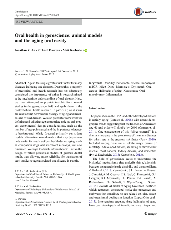 (PDF) Oral health in geroscience: animal models and the aging oral cavity