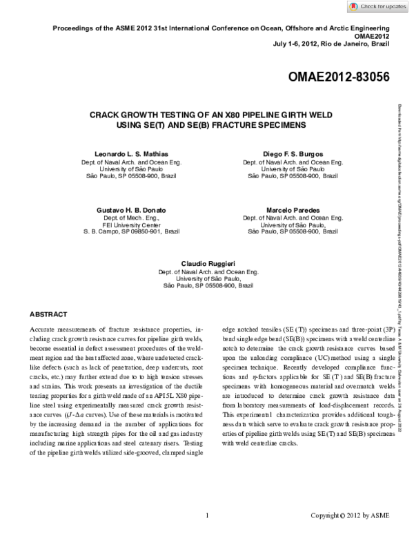 Pdf Crack Growth Testing Of An X80 Pipeline Girth Weld Using Se T And Se B Fracture Specimens