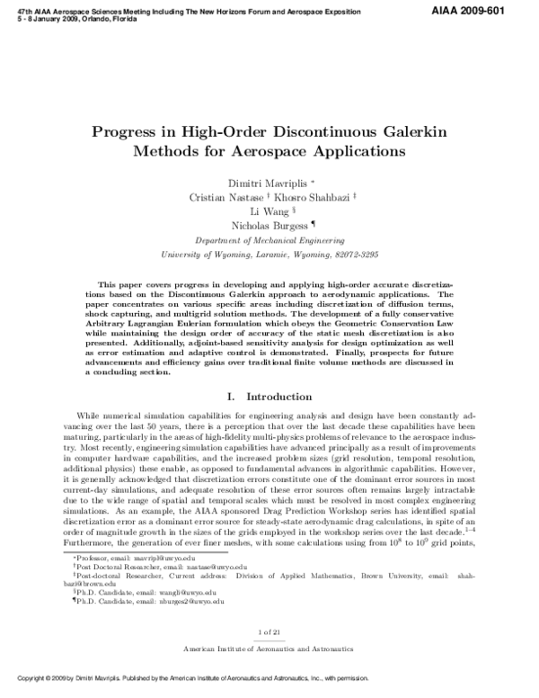 Pdf Progess In High Order Discontinuous Galerkin Methods For Aerospace Applications Khosro