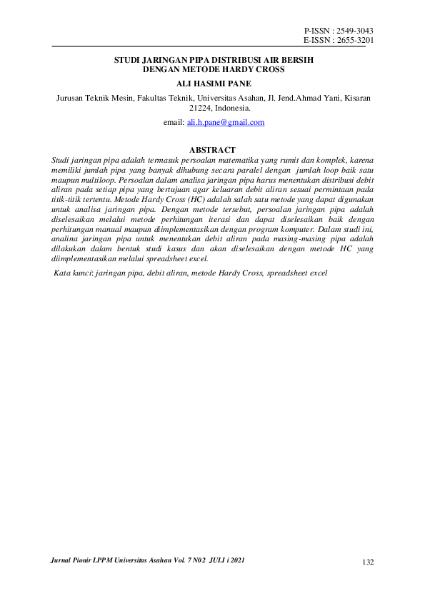 (PDF) Studi Jaringan Pipa Distribusi Air Bersih Dengan Metode Hardy Cross