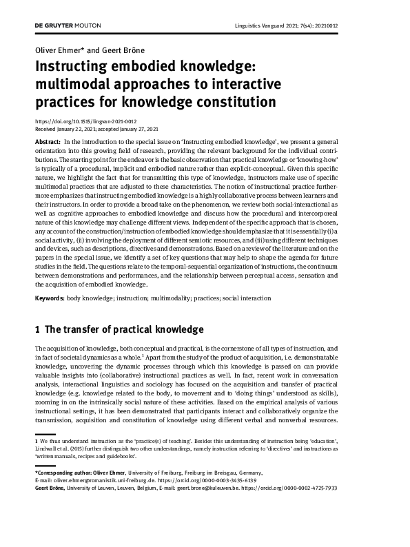 (PDF) Instructing embodied knowledge: multimodal approaches to ...