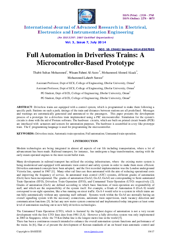 (PDF) Full Automation in Driverless Trains: A Microcontroller-Based Prototype