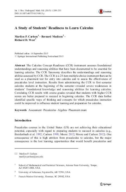 (PDF) A Study of Students’ Readiness to Learn Calculus