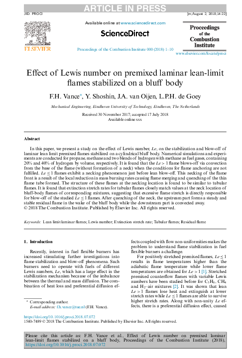 (PDF) Effect of Lewis number on premixed laminar lean-limit flames stabilized on a bluff body