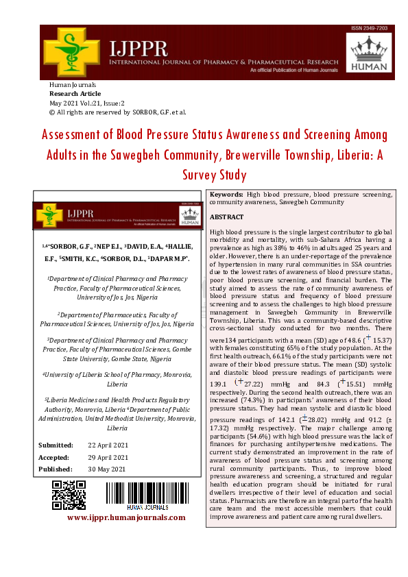 (PDF) Assessment of Blood Pressure Status Awareness and Screening Among ...
