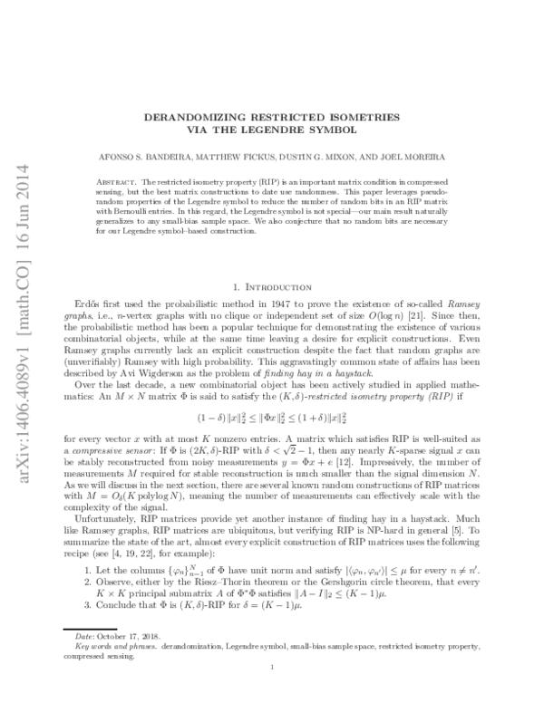 (PDF) Derandomizing Restricted Isometries via the Legendre Symbol | joel moreira - Academia.edu