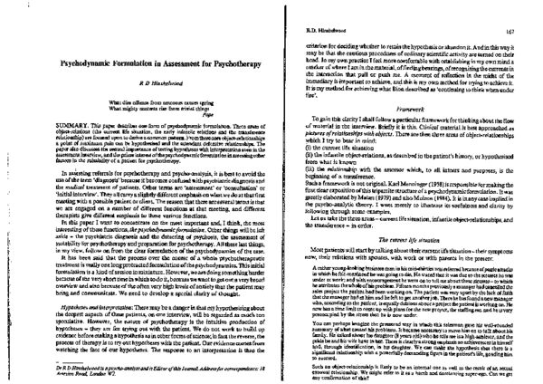 (PDF) Psychodynamic Formulation in Assessment for Psychotherapy