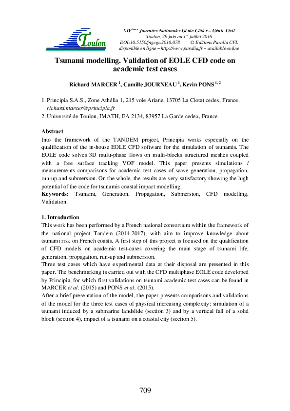 (PDF) Tsunami modelling, Validation of EOLE CFD code on academic test ...