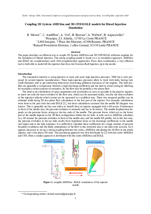 (PDF) Coupling 1D System AMESim and 3D CFD EOLE models for Diesel ...