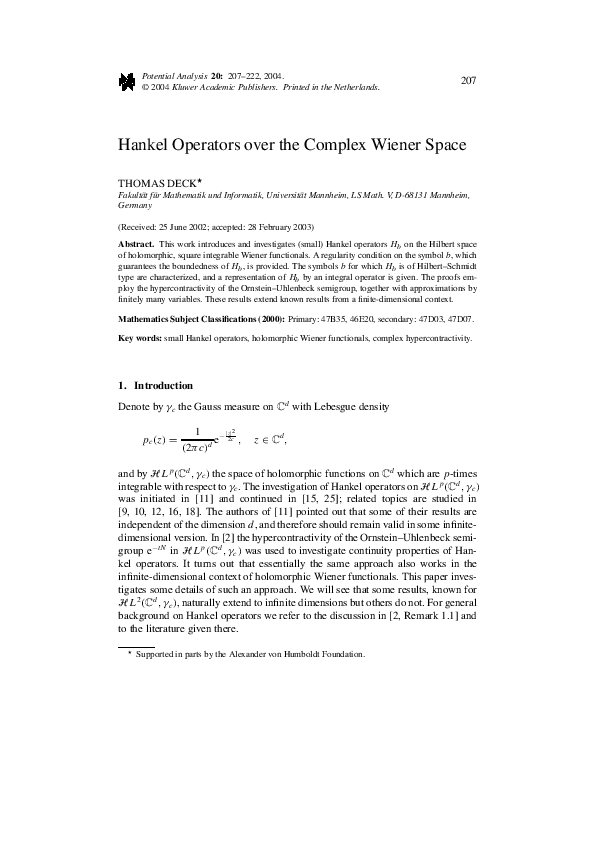 (PDF) Hankel Operators over the Complex Wiener Space
