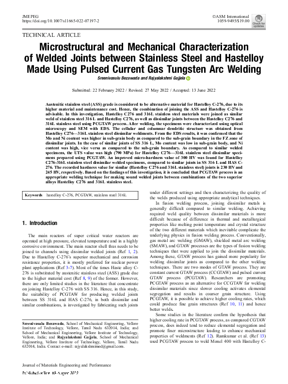 (PDF) Microstructural and Mechanical Characterization of Welded Joints between Stainless Steel ...