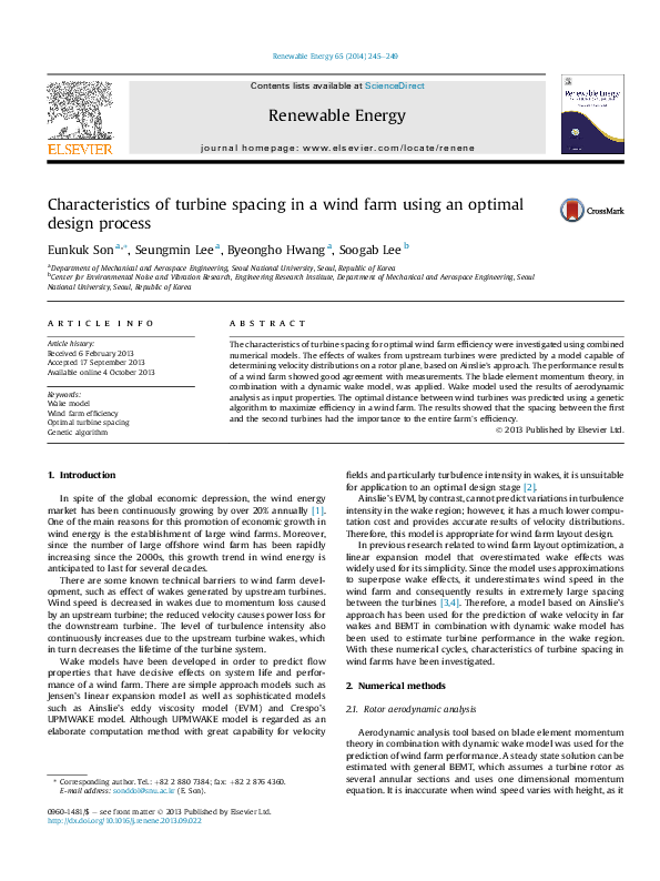 Pdf Characteristics Of Turbine Spacing In A Wind Farm Using An Optimal Design Process
