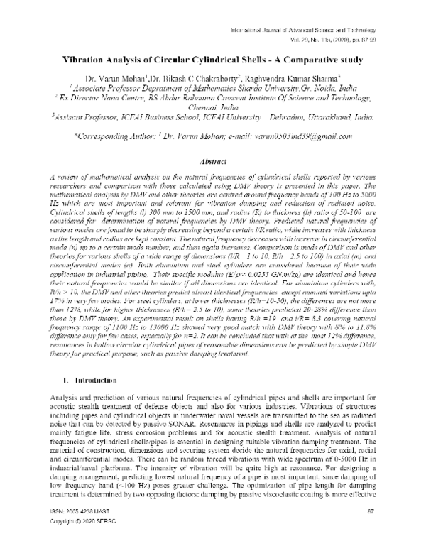 (PDF) . Vibration Analysis of Circular Cylindrical Shells - A comparative Study | Bikash ...