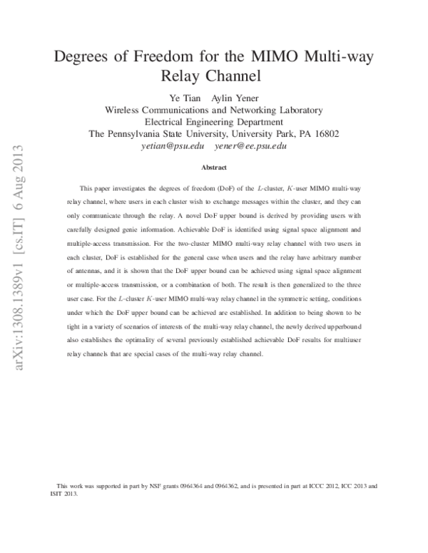 (PDF) Degrees of Freedom for the MIMO Multi-Way Relay Channel
