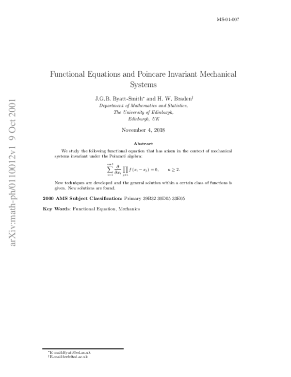 (PDF) Functional Equations and Poincaré Invariant Mechanical Systems
