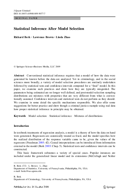(PDF) Statistical Inference After Model Selection | Richard Berk - Academia.edu