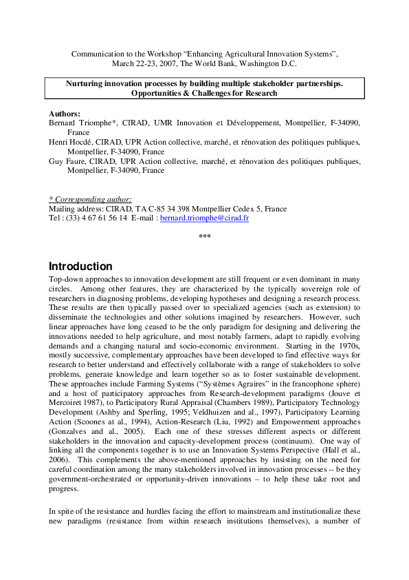 (PDF) Nurturing innovation processes by building multiple stakeholder ...