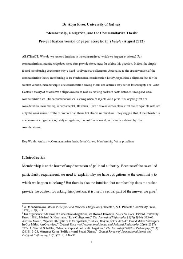 (PDF) Membership, Obligation, and the Communitarian Thesis | Allyn ...