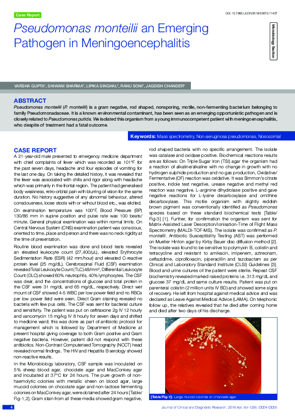 (PDF) Pseudomonas Monteilii an Emerging Pathogen in Meningoencephalitis