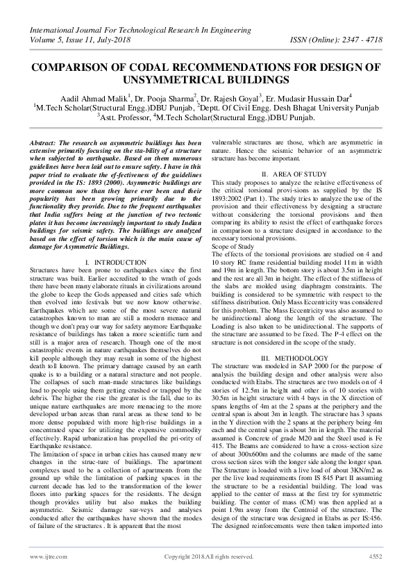 Comparison of Codal Recommendations for Design of Unsymmetrical Buildings