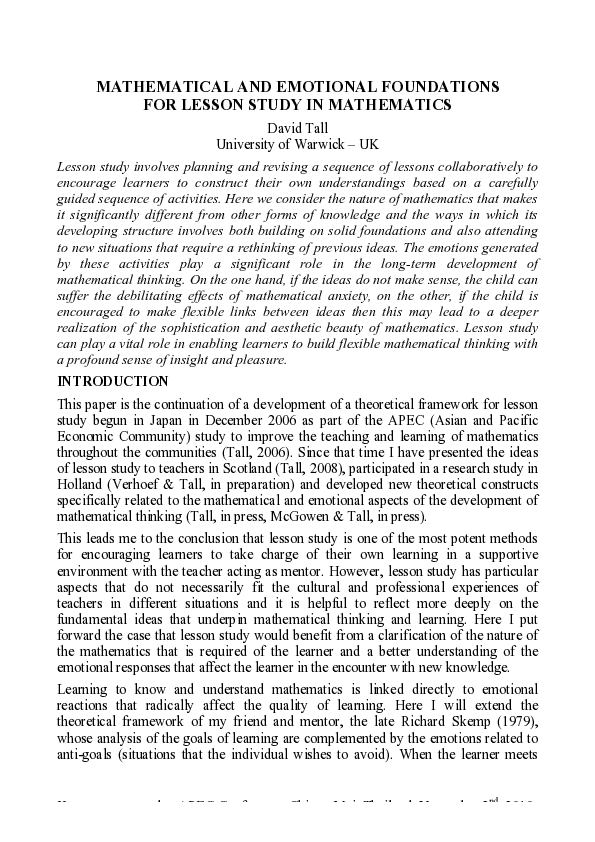 (PDF) Mathematical and Emotional Foundations for Lesson Study in ...