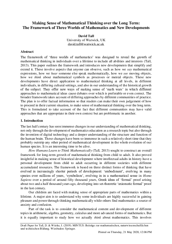 (PDF) Making Sense of Mathematical Thinking over the Long Term: The ...