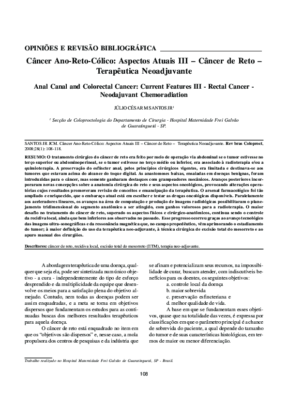 (PDF) Câncer ano-reto-cólico: aspectos atuais III - câncer de reto ...