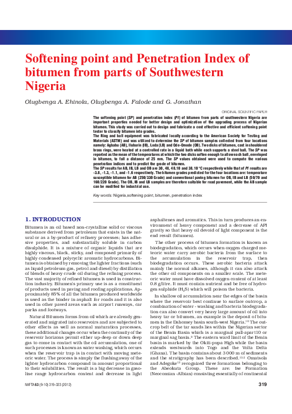 (PDF) Softening point and Penetration Index of bitumen from parts of Southwestern