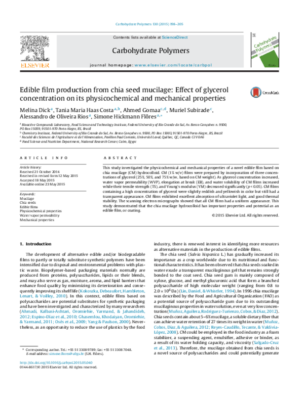 (PDF) Edible film production from chia seed mucilage: Effect of glycerol concentration on its ...