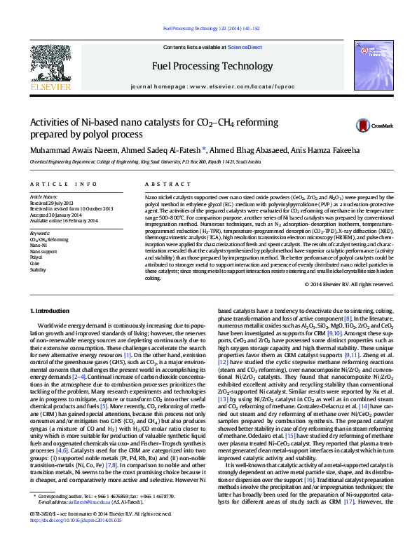 (PDF) Activities of Ni-based nano catalysts for CO2–CH4 reforming ...