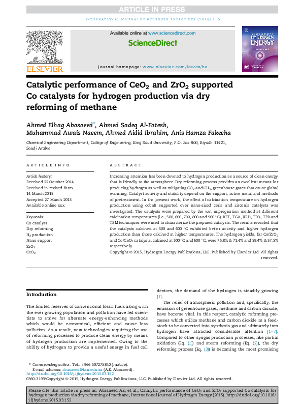 (PDF) Catalytic performance of CeO2 and ZrO2 supported Co catalysts for ...