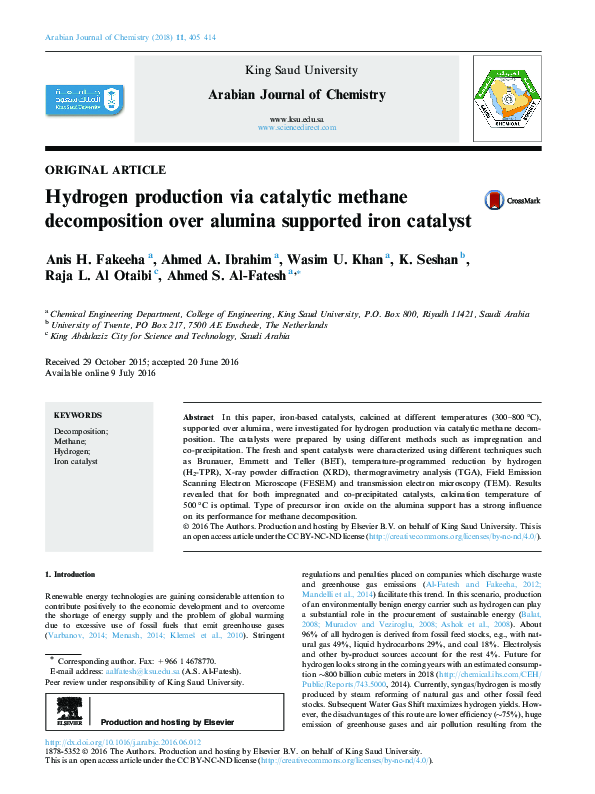 Pdf Hydrogen Production Via Catalytic Methane Decomposition Over Alumina Supported Iron