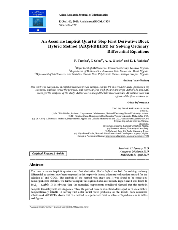 Pdf An Accurate Implicit Quarter Step First Derivative Block Hybrid Method Aiqsfdbhm For
