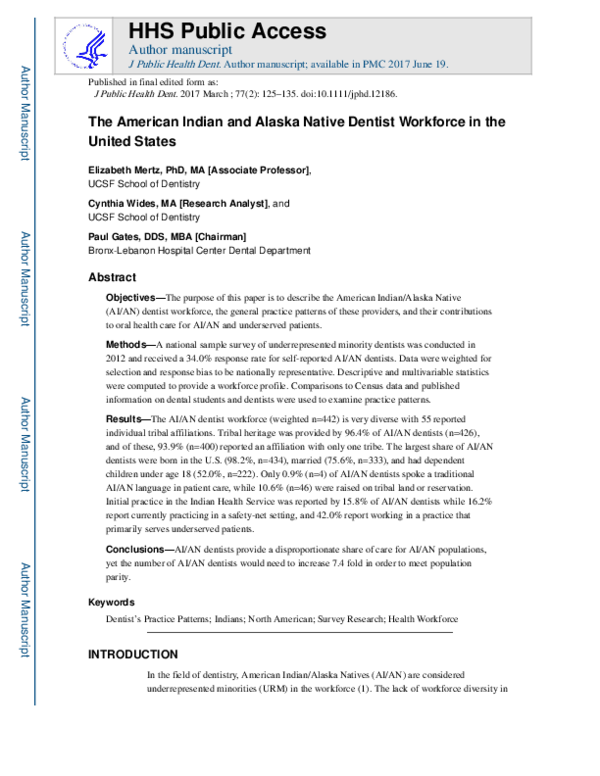 (PDF) The American Indian and Alaska Native dentist workforce in the ...