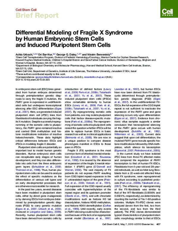 (PDF) Differential Modeling of Fragile X Syndrome by Human Embryonic ...