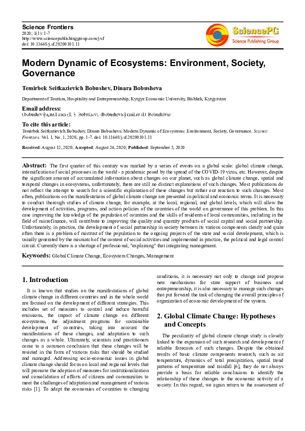 (PDF) Modern Dynamic of Ecosystems: Environment, Society, Governance