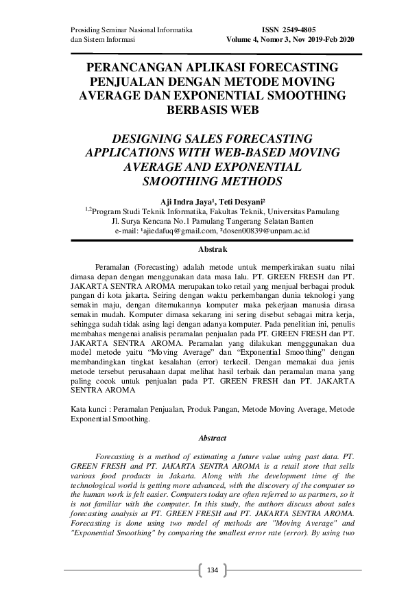 Pdf Perancangan Aplikasi Forecasting Penjualan Dengan Metode Moving Average Dan Exponential