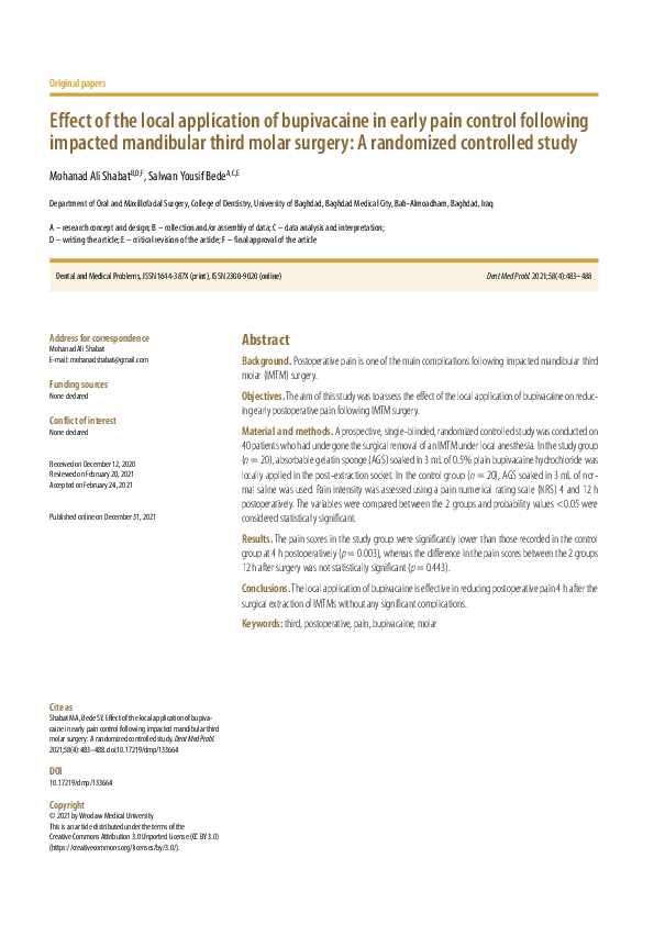 (PDF) Effect of the local application of bupivacaine in early pain ...