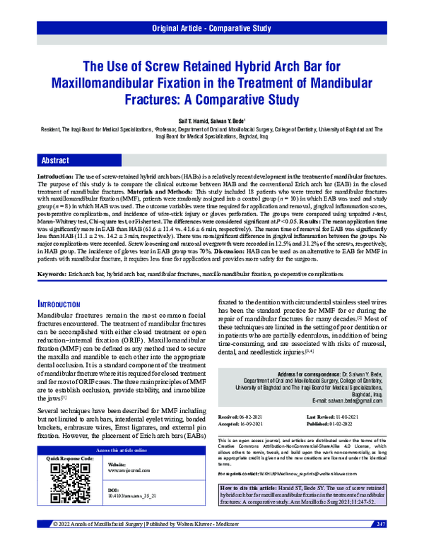 (PDF) The use of screw retained hybrid arch bar for maxillomandibular ...