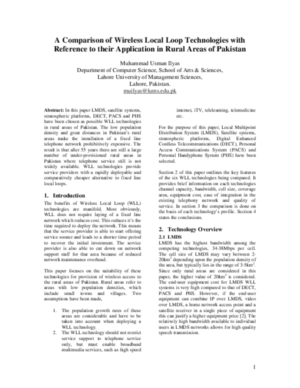 (PDF) A Comparison of Wireless Local Loop Technologies with Reference ...