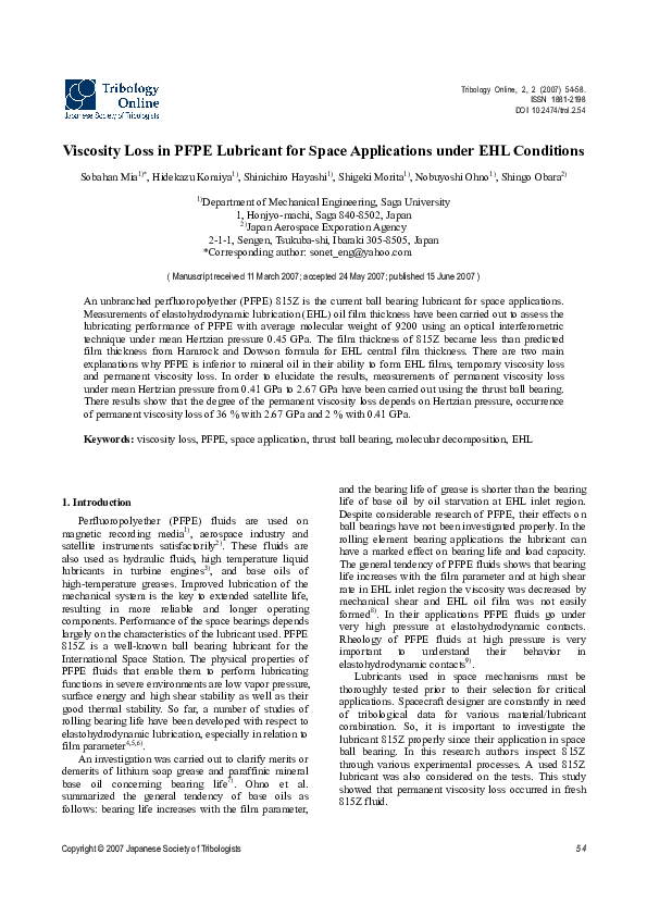 (PDF) Viscosity Loss in PFPE Lubricant for Space Applications under EHL ...