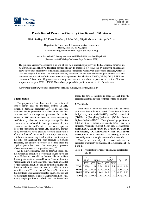 (PDF) Prediction of Pressure-Viscosity Coefficient of Mixtures