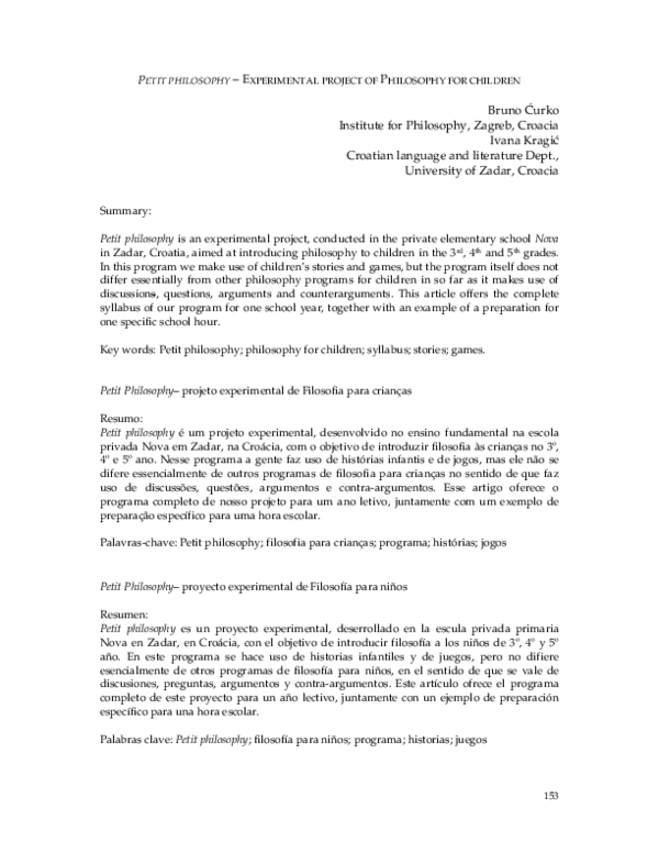 (PDF) Petit Philosophy - Experiemental Project of Philosophy for Children