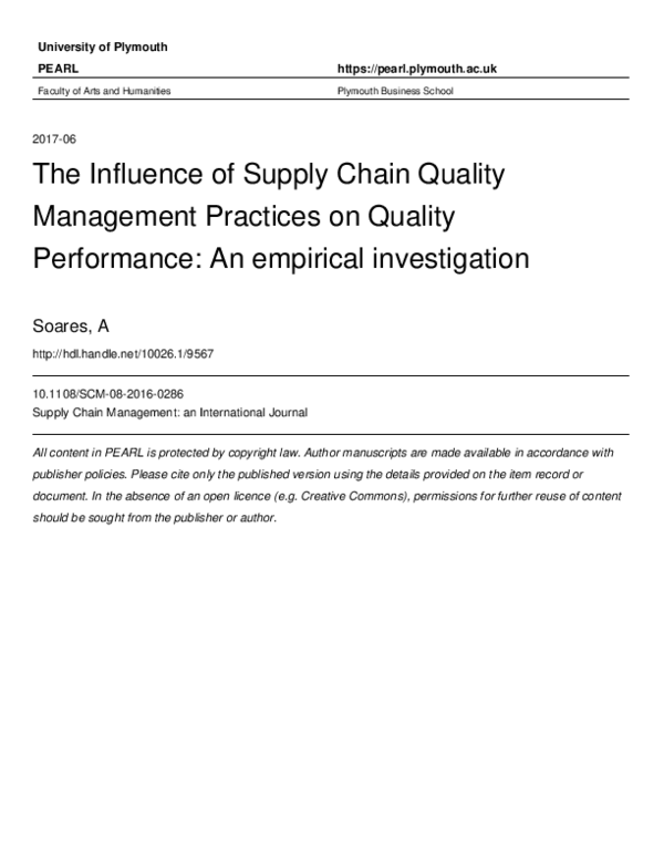 (PDF) The influence of supply chain quality management practices on quality performance: an ...