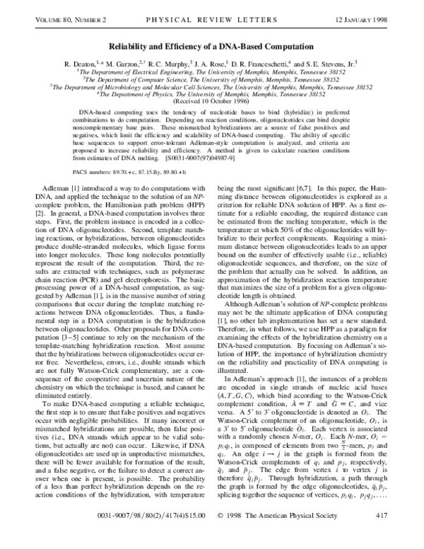 Pdf Reliability And Efficiency Of A Dna Based Computation