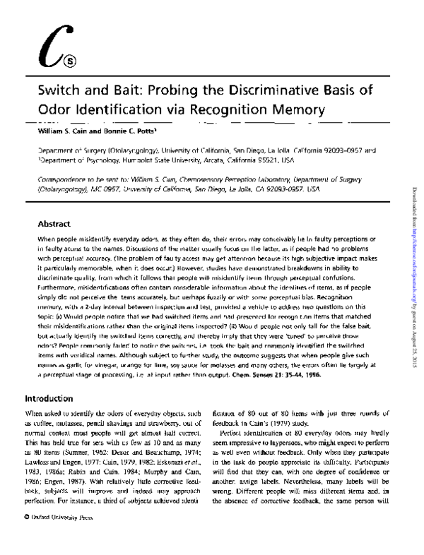 (PDF) Switch and Bait: Probing the Discriminative Basis of Odor Identification via Recognition ...