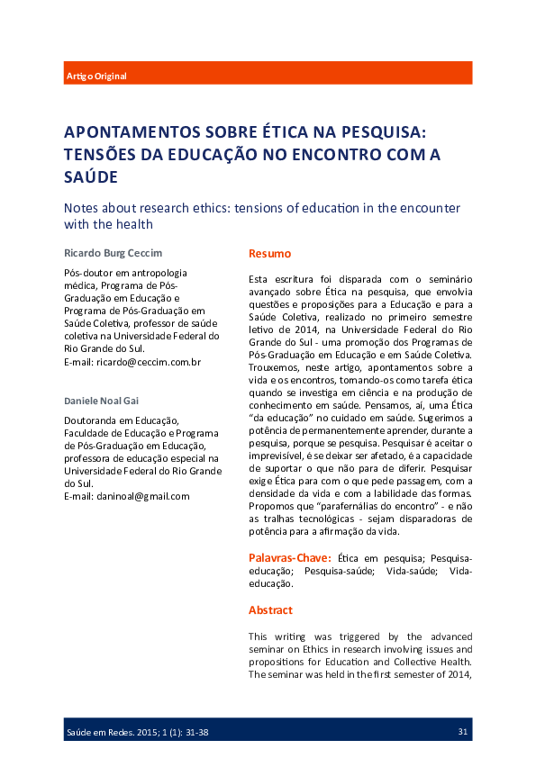 (PDF) Notes about research ethics : tensions of education in the ...