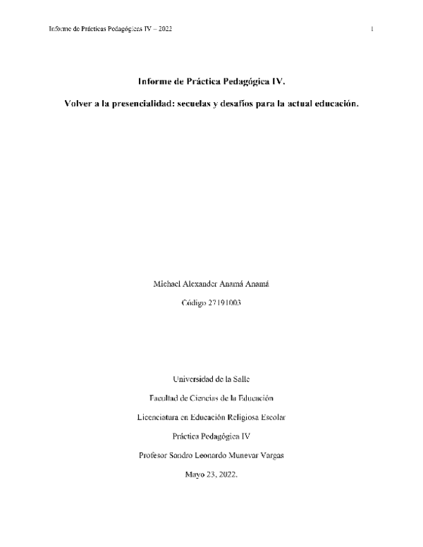 (PDF) Informe de Prácticas Pedagógicas IV - Educación Religiosa Escolar ...