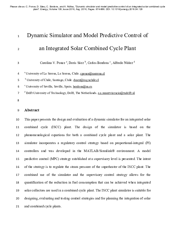 (PDF) Dynamic simulator and model predictive control of an integrated solar combined cycle plant